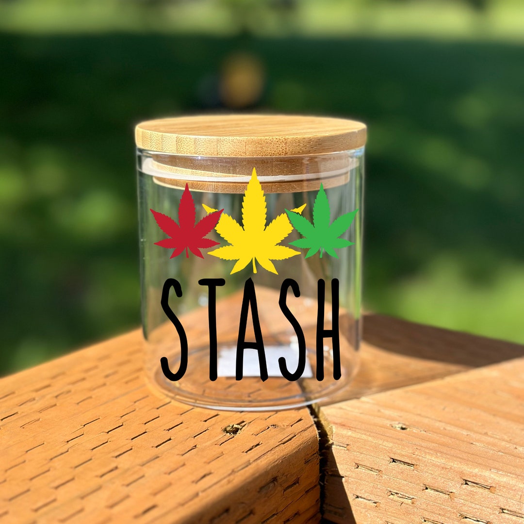 Rasta Weed Leaf Glass Stash Jar Container With Bamboo Lid Herb Storage ...