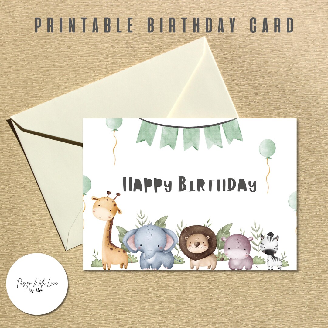 Safari Themed Birthday Card Printable 5x7 Inci, Safari Digital Card ...