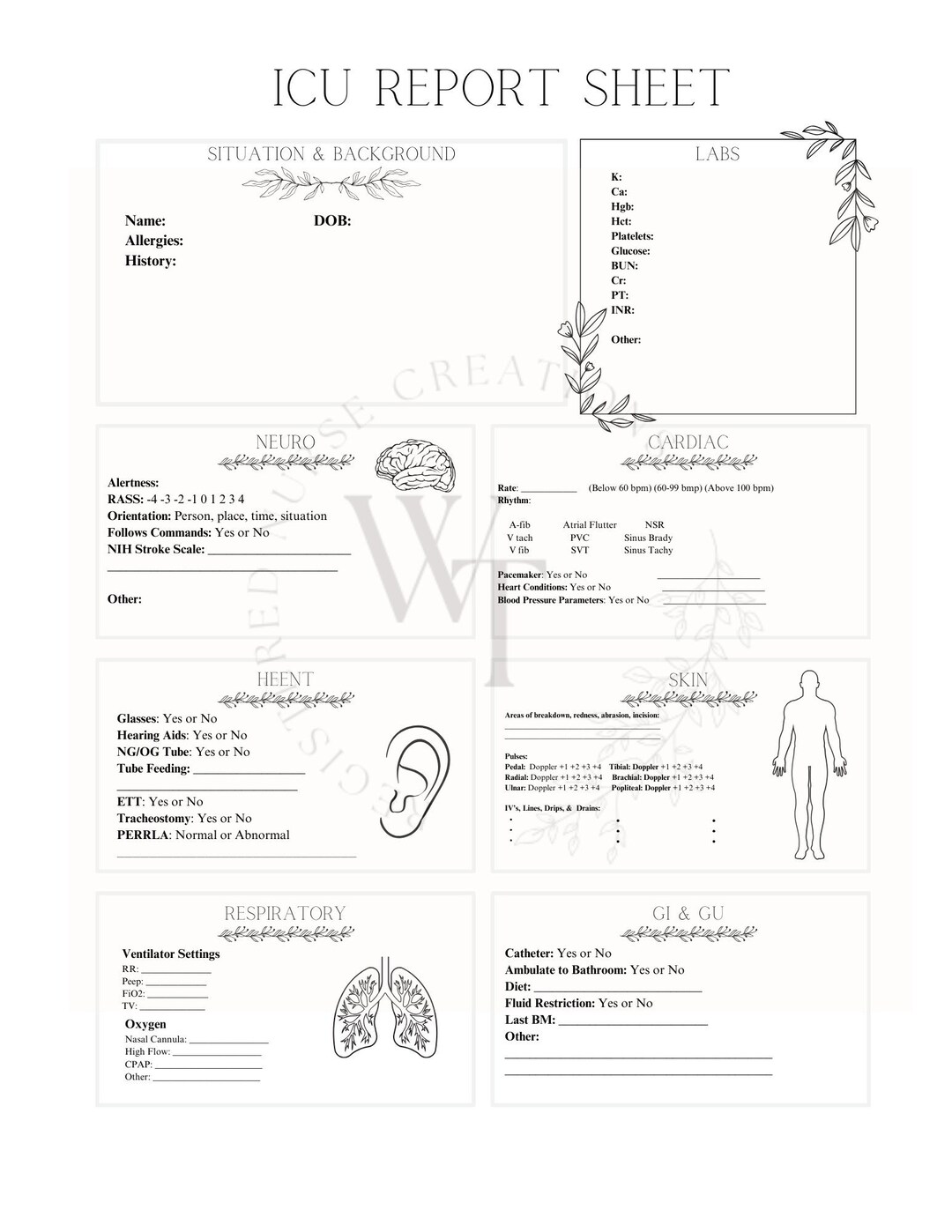 Minimalist New Grad RN ICU Report Sheet Registered Nurse Shift Change ...