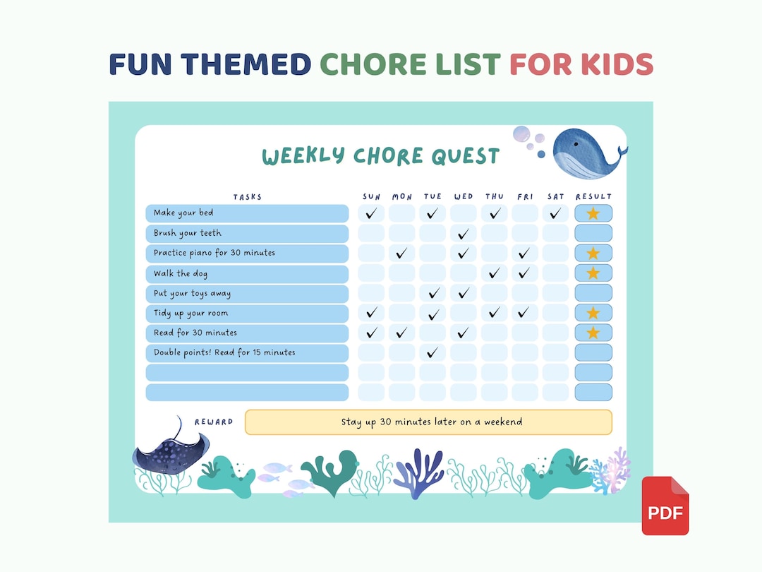 Kids Chore Chart, Editable Weekly Chore List, Children's Weekly Chore ...