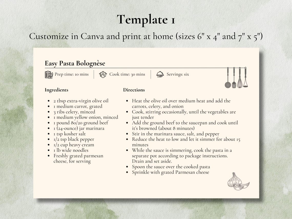 Editable Recipe Card Template: Minimalist Design (canva, 6x4 & 7x5 ...