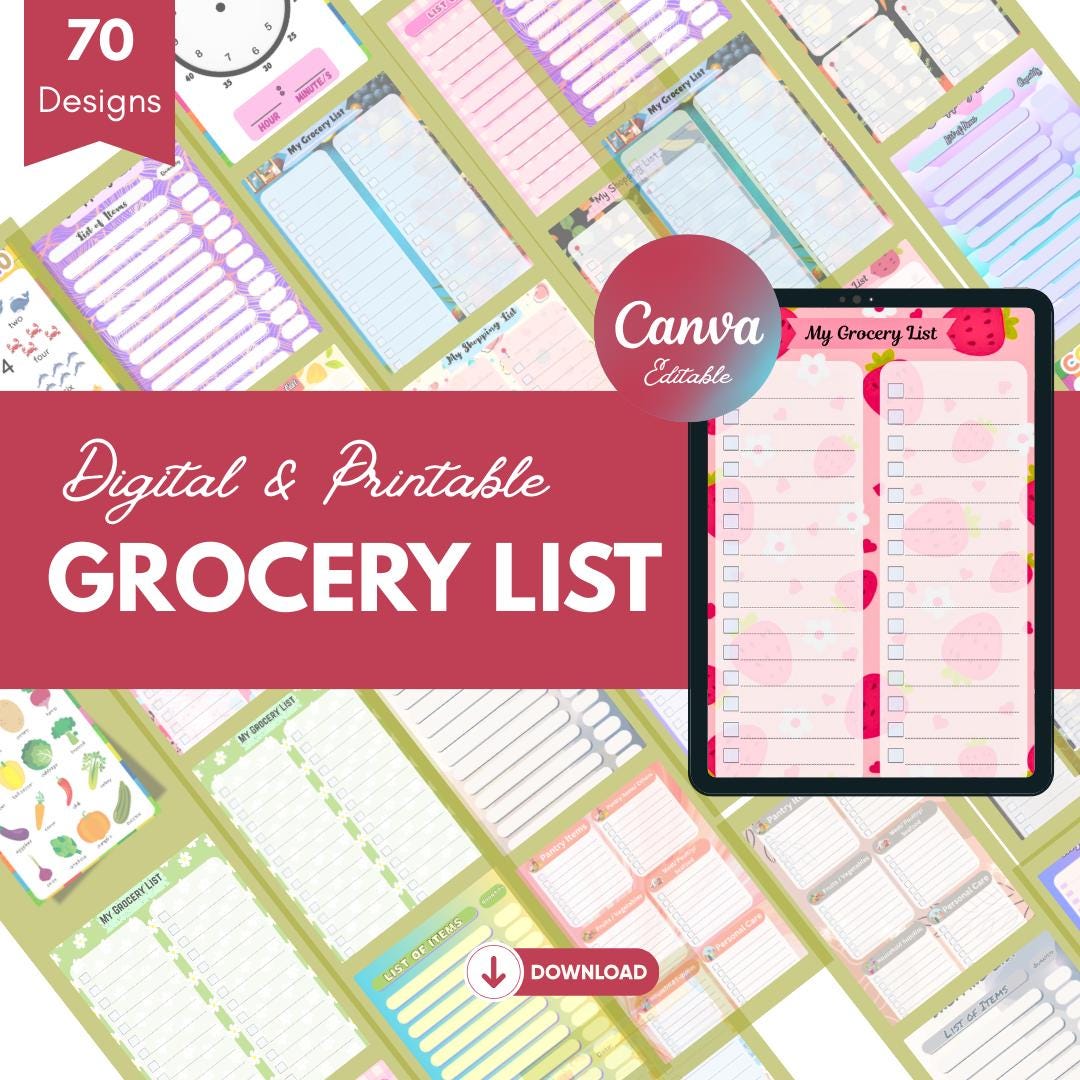 Digital Grocery List | Printable Grocery List Templates | Editable Food ...