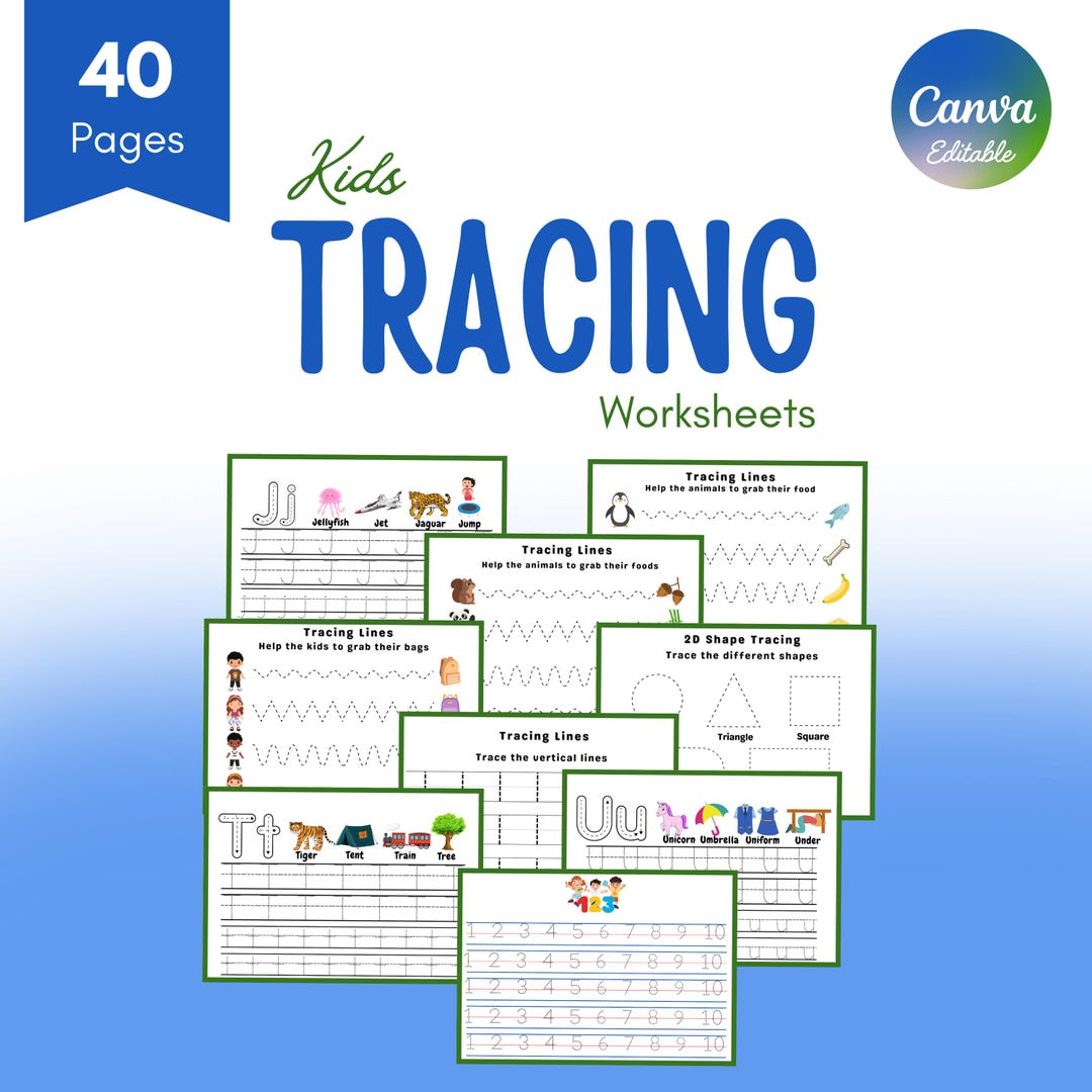 Tracing Worksheets for Kids | Alphabet Number Line & 2D Shapes Tracing ...