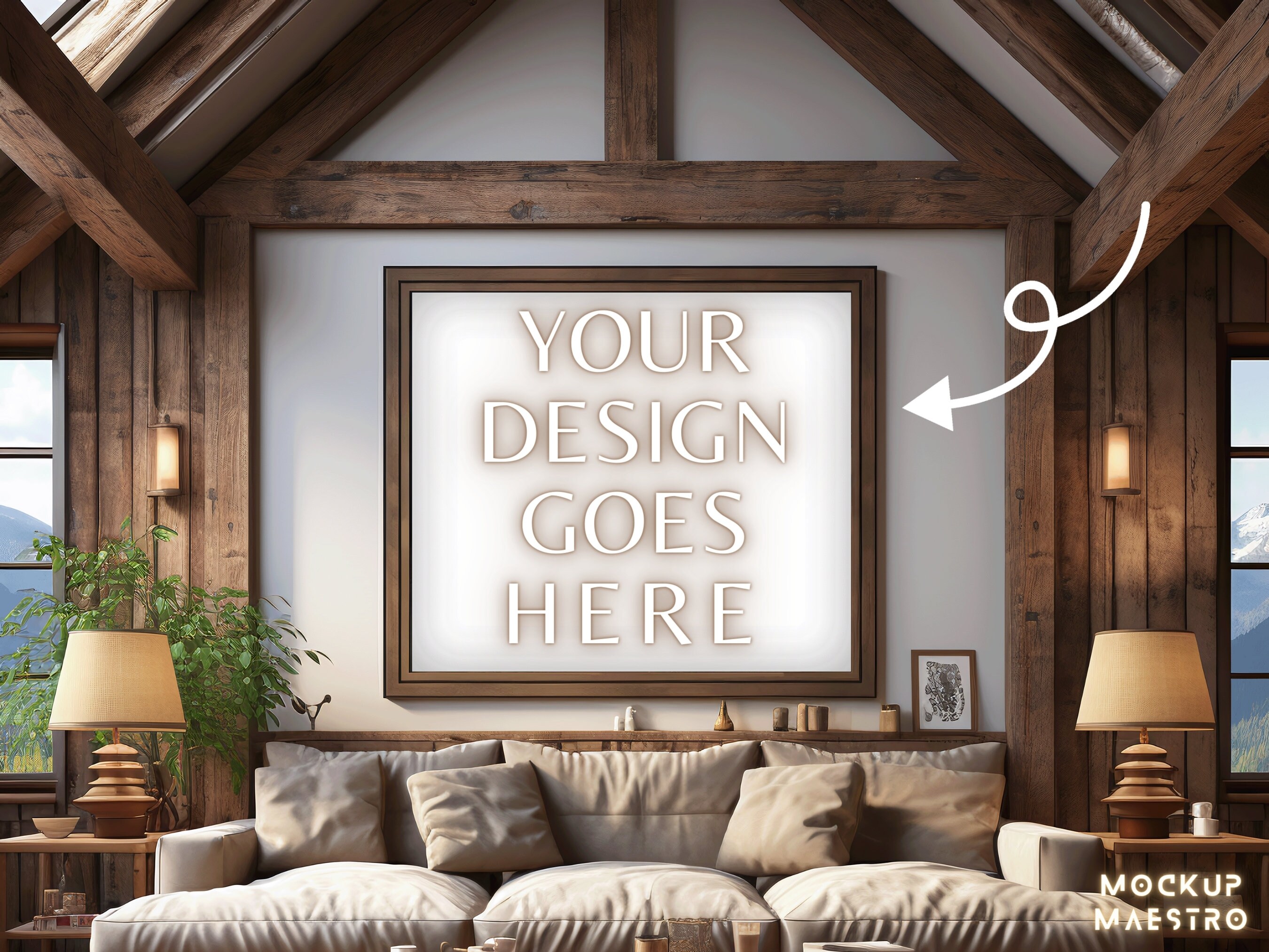 Luxury Poster Mockup Cozy Living Room Mountain Cabin With Nature ...