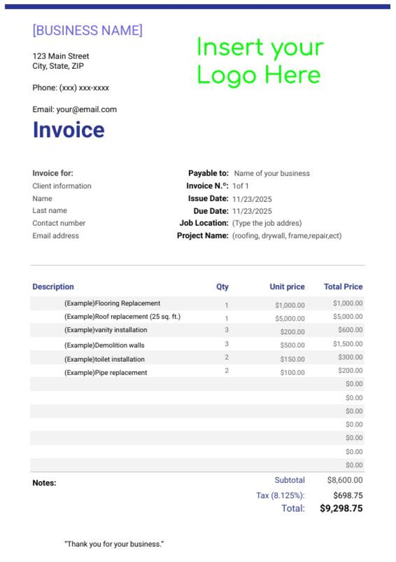 Editable Contractor Invoice Template | Small Business Billing (digital ...