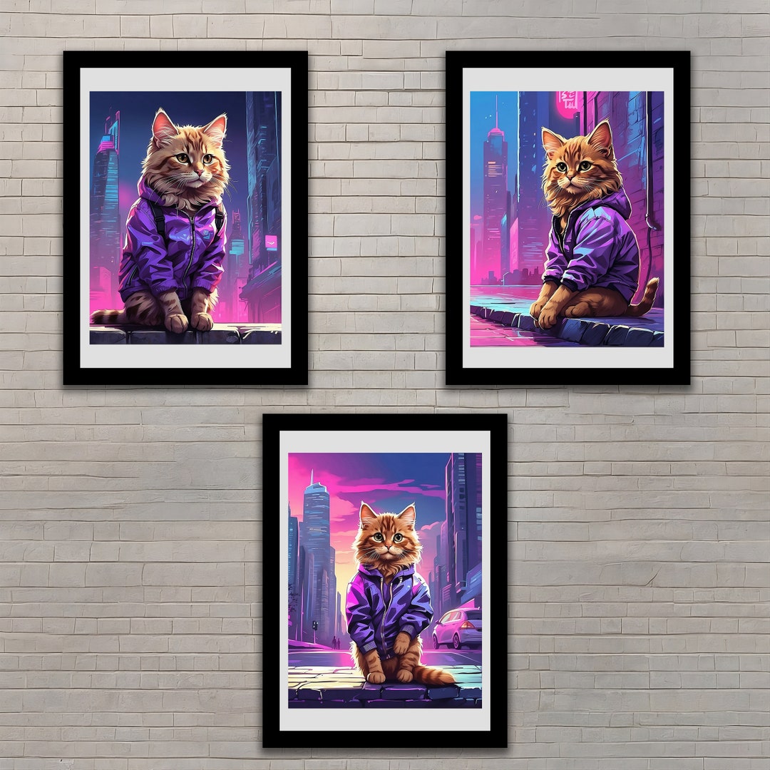 Wall Art: Synthwave Style Watercolor. 3 Piece Set of Cute Orange Cat ...