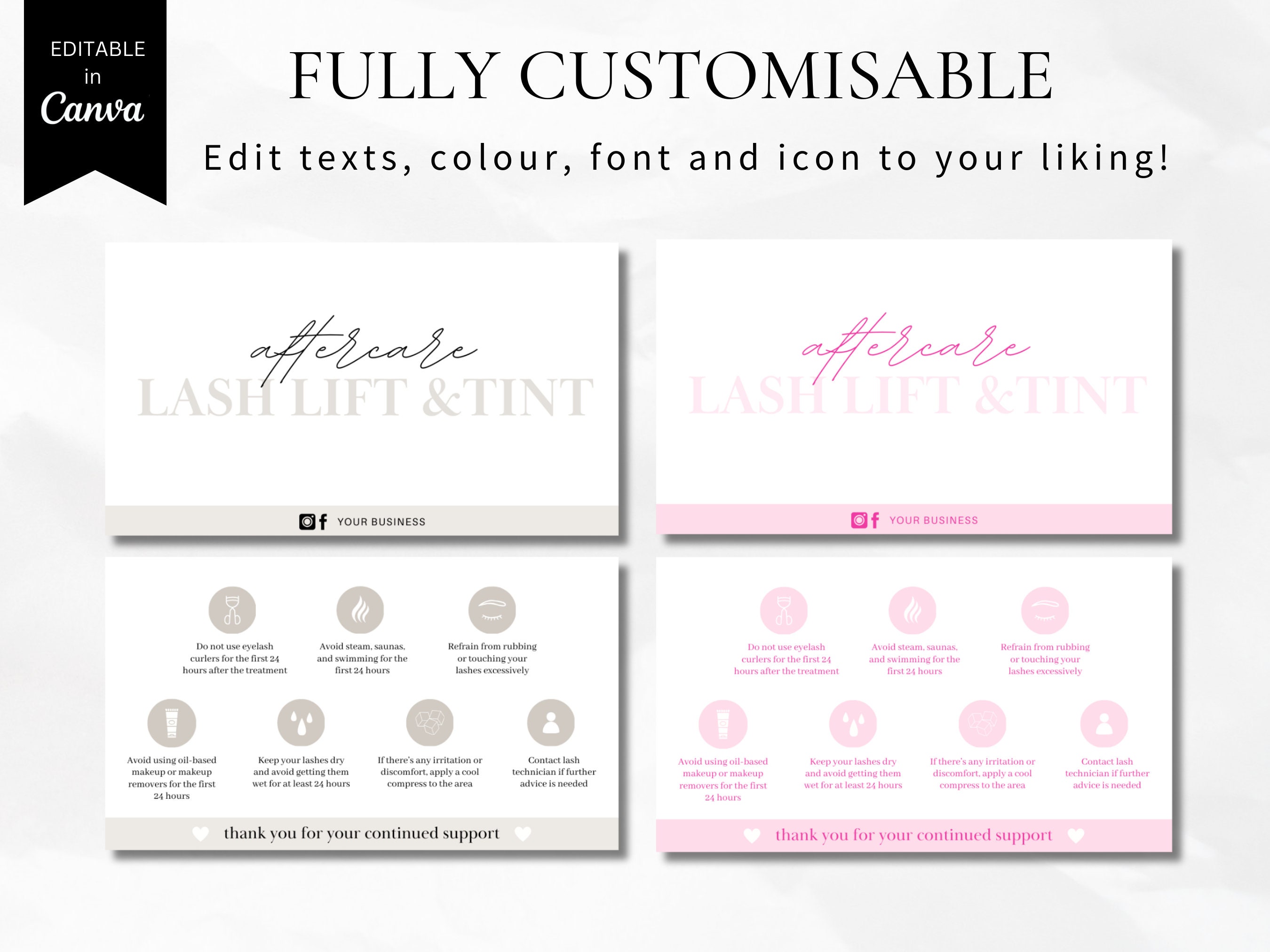 Lash Lift and Tint Aftercare Card Template | Editable Lash Lift and ...