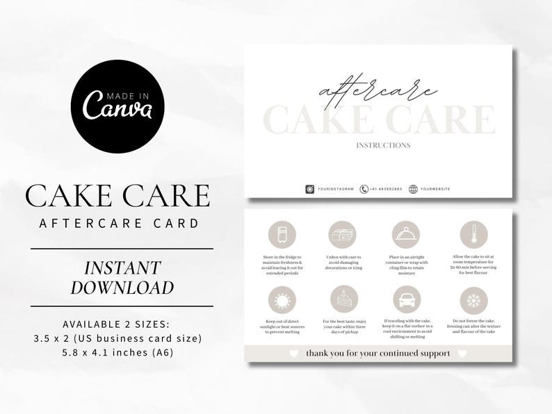 Cake Care Card Template, Editable Wedding Cake Care Cards, Printable ...