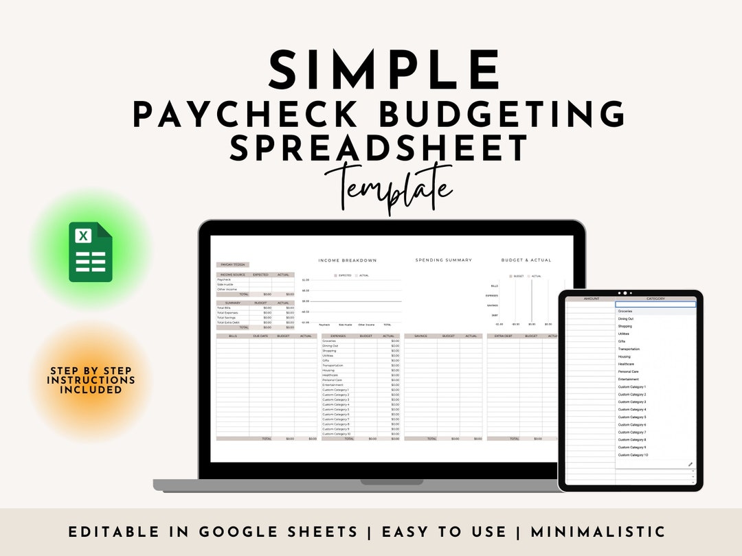 Simple Budget Google Sheets, Monthly Budget Spreadsheet, Paycheck ...