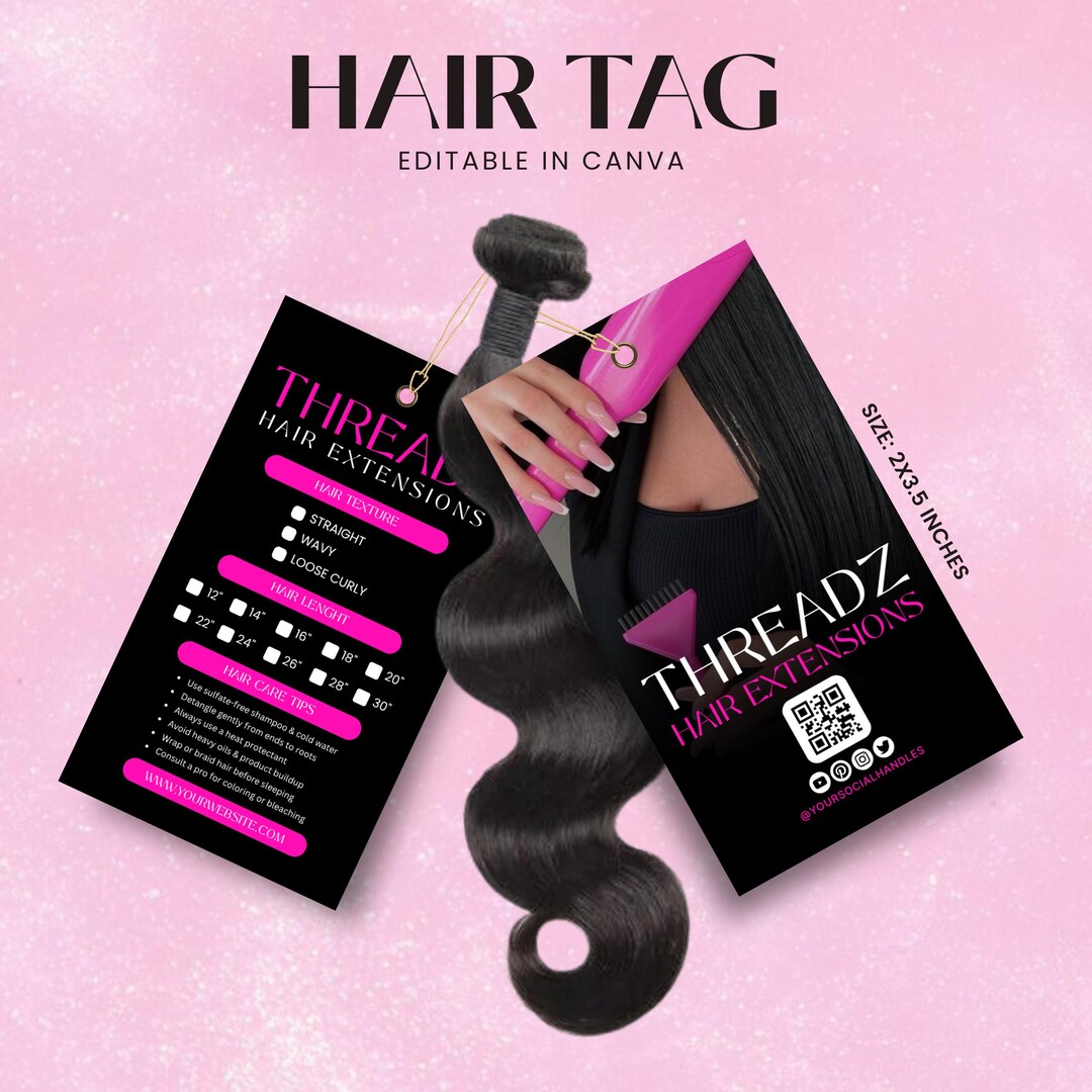 Black and Pink Hair Hang Tag Template, Editable Hair Tag, DIY Hair Hang ...