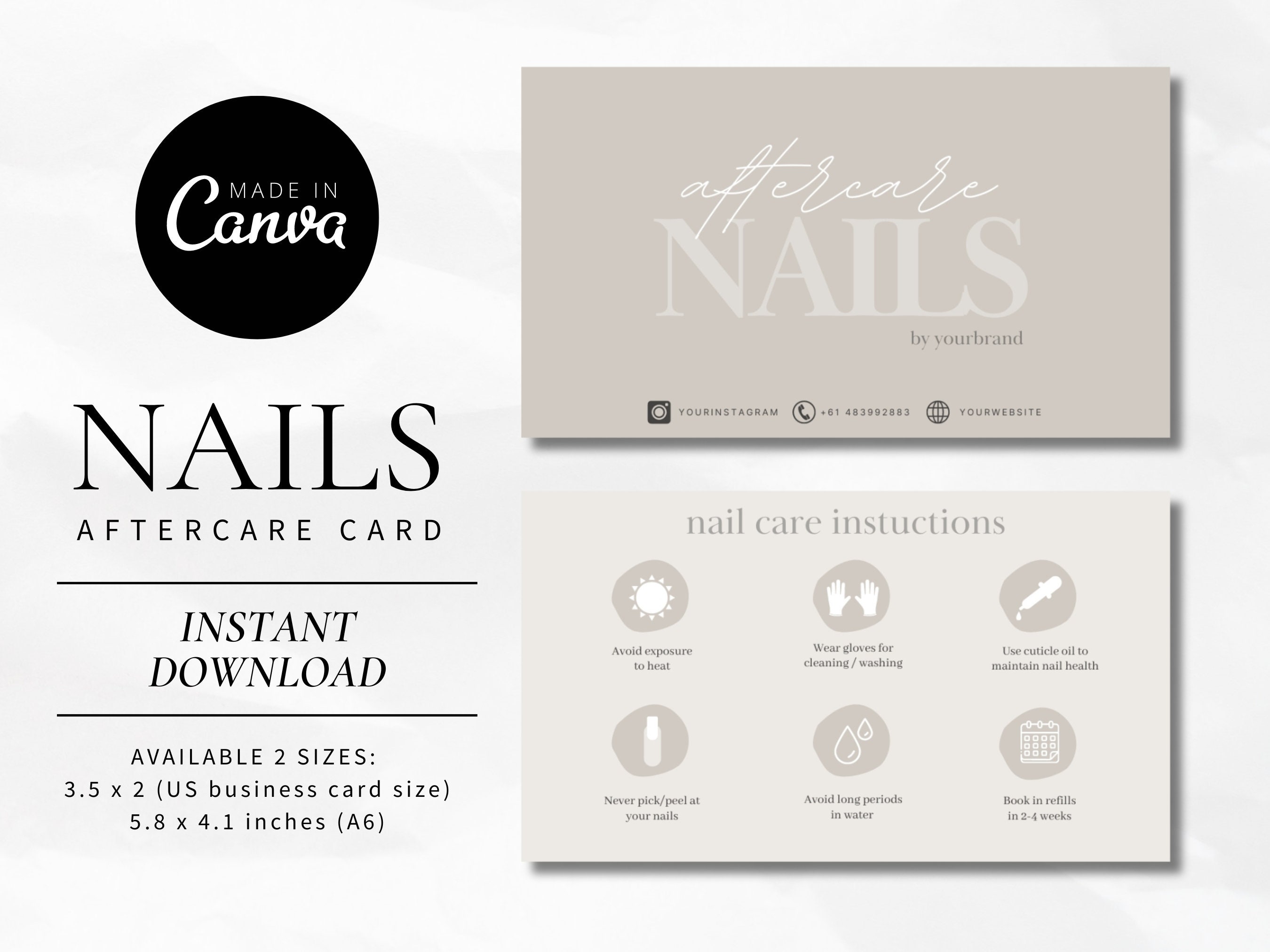Nails Aftercare Card Template, Editable Nails Business Card, Manicure ...