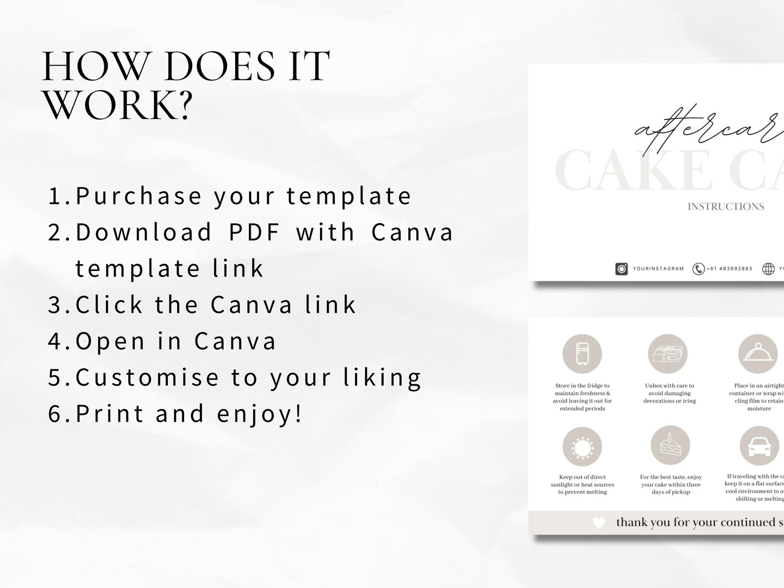 Cake Care Card Template, Editable Wedding Cake Care Cards, Printable ...