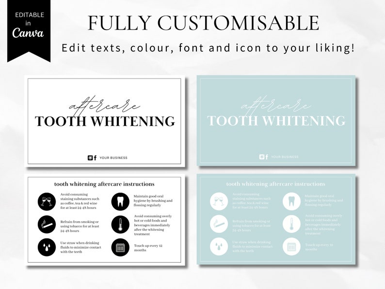 Teeth Whitening Aftercare Card Template | Editable Teeth Whitening Care ...