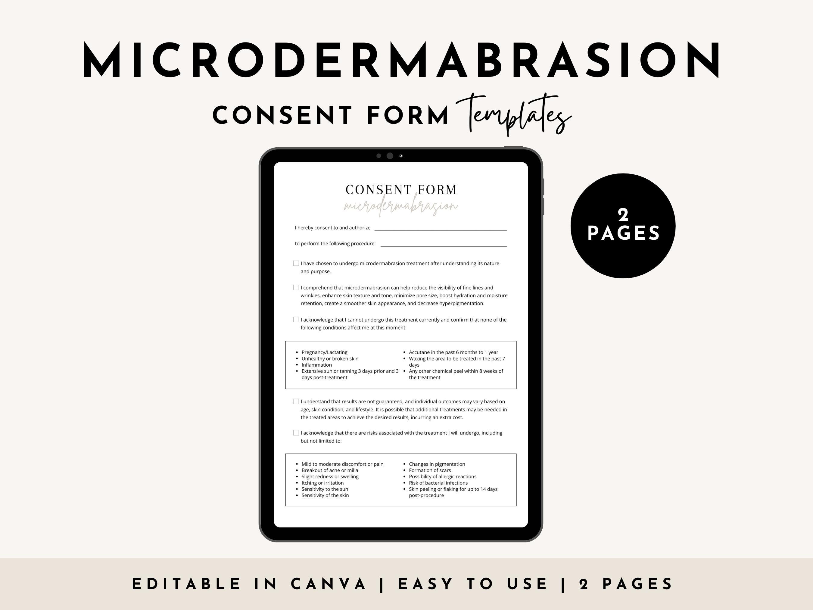 Microdermabrasion Consent Form, Editable Facial Consent Form, Beauty Forms, Esthetician Business ...
