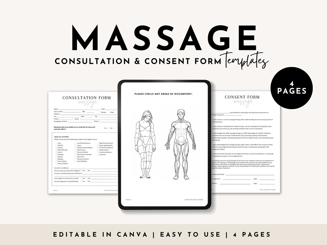 Massage Therapist Forms, Editable Massage Consent Form, Massage Intake ...