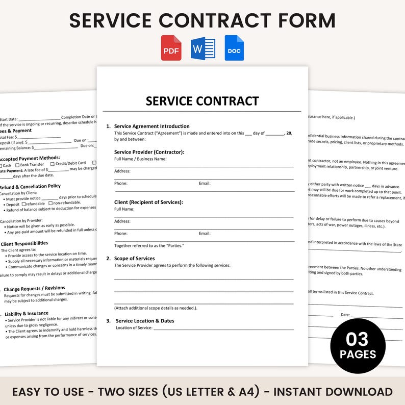 Editable Service Contract Template, Event Planning, and Business ...