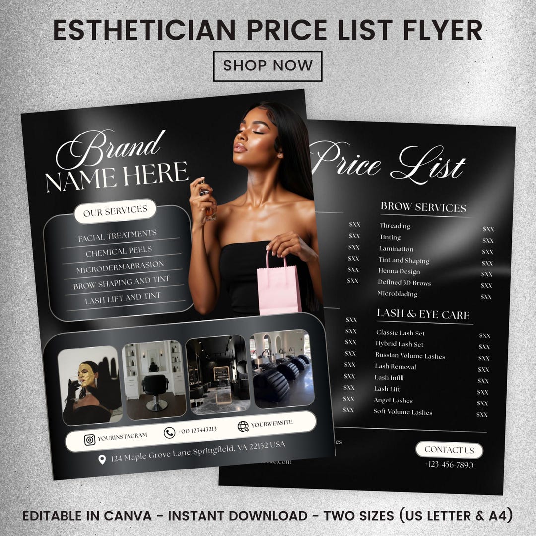 Esthetician Price List, Black Price List Template, Editable Hair Price ...