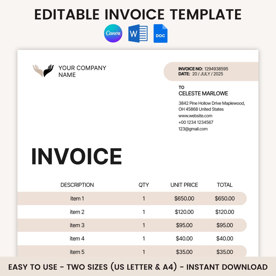 Editable Invoice Template, Minimalist Professional Business Form ...