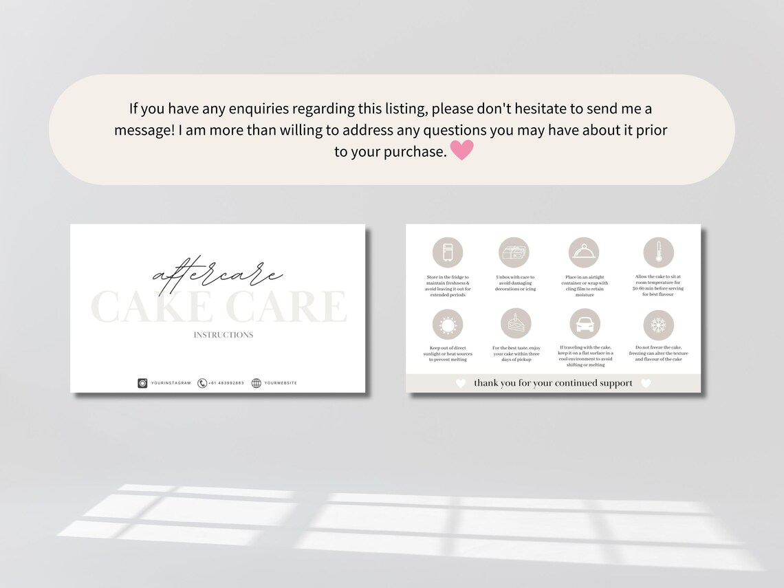 Cake Care Card Template, Editable Wedding Cake Care Cards, Printable ...