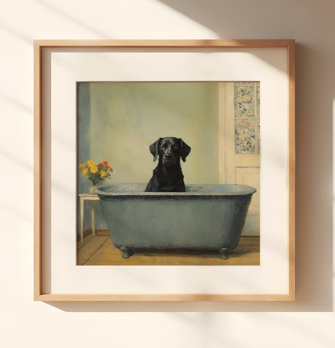 Vintage Labrador Retriever in Bathtub Art | Black Lab Art Print Poster ...