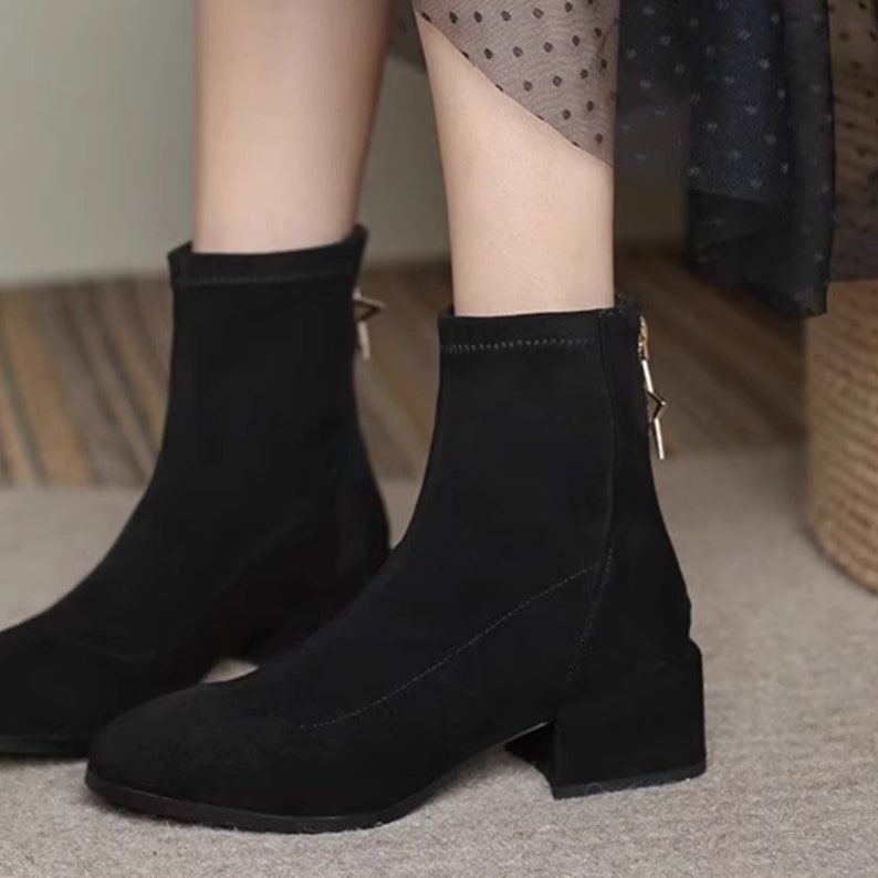 Women's Ankle Boots With Short Leg Skinny Boots Back Zip Thick Heel Doc ...