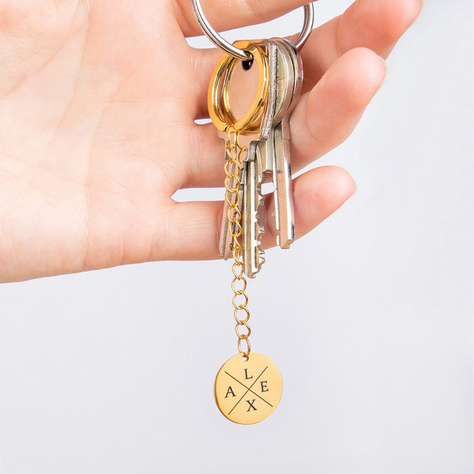Personalized Initials Gold Plated Keychain, Engraved Name Key Charm - Etsy