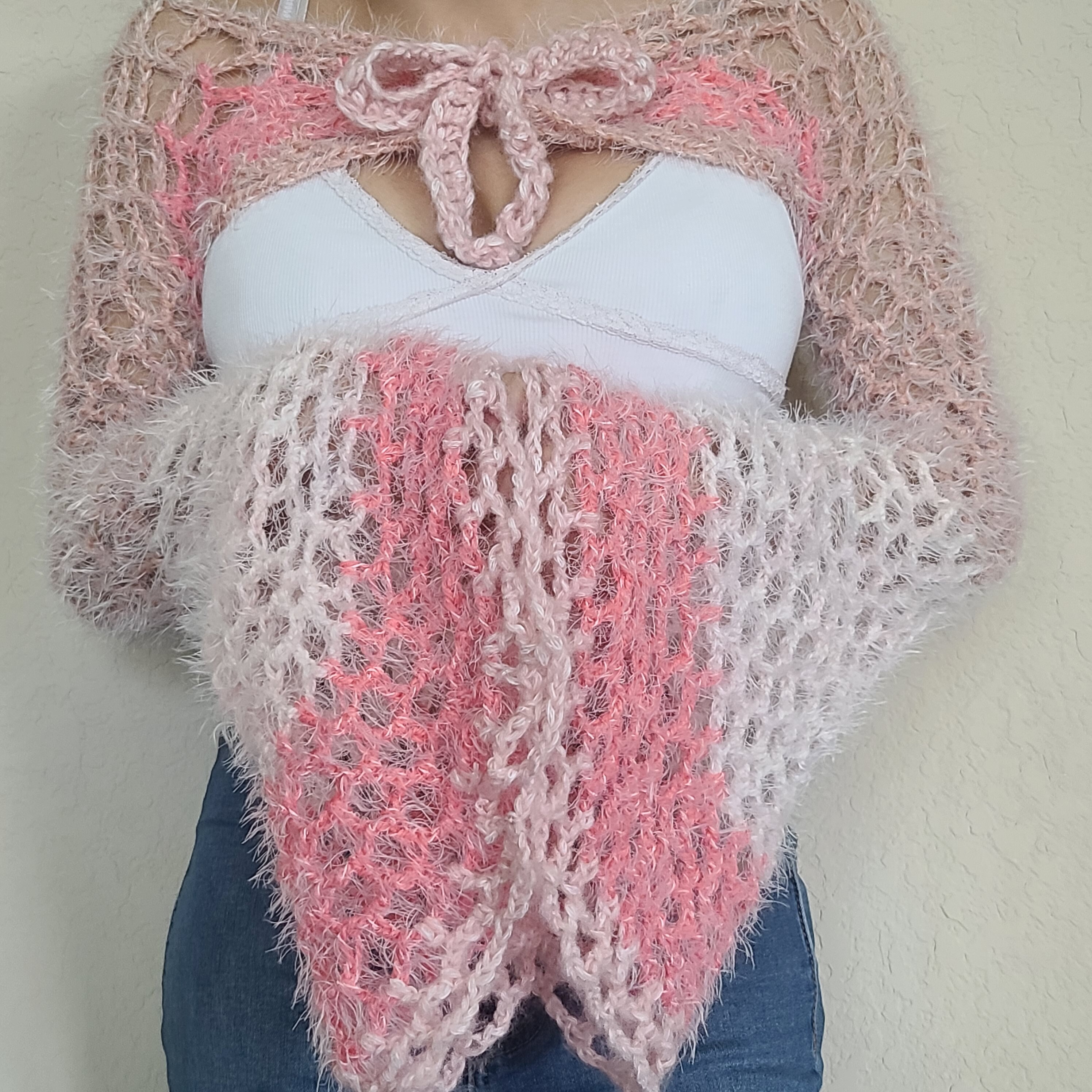 Handmade Crochet Bolero Shrug With Bow, Mesh Bell Sleeves, Multicolor ...