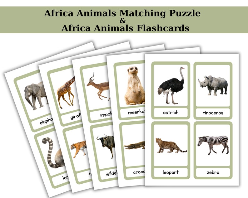 Africa Animals Matching Puzzle, Africa Animals Flashcards, Matching ...