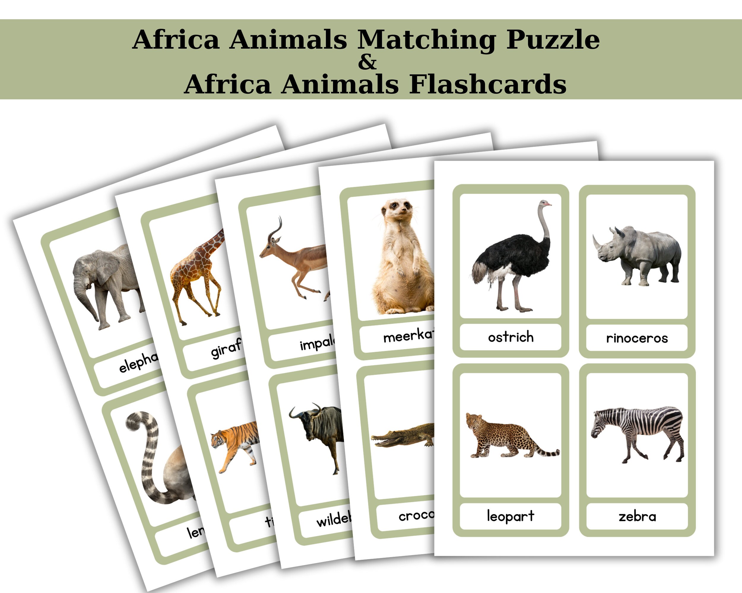 Africa Animals Matching Puzzle, Africa Animals Flashcards, Matching ...