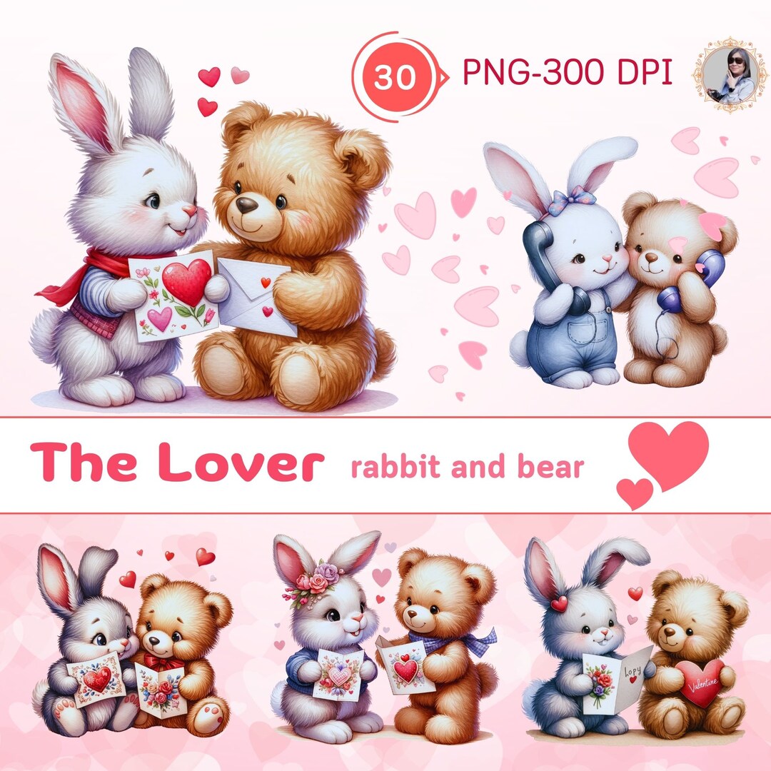 Watercolor Bunny & Bear, Clipart Gift, Cute Clipart Romantic Love ...