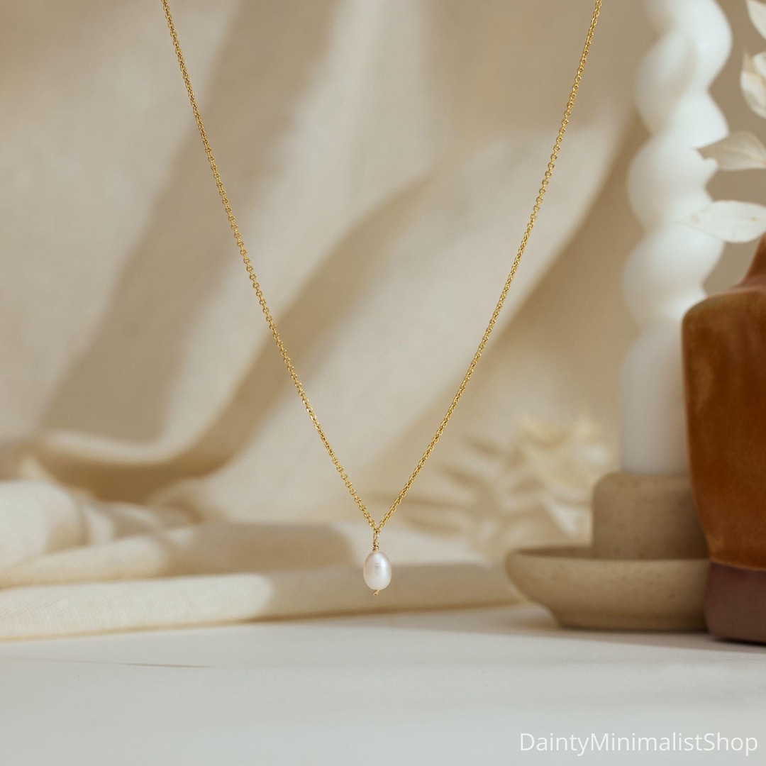 Tiny Freshwater Pearl Drop Necklace Gold Pearl Necklace Minimalist