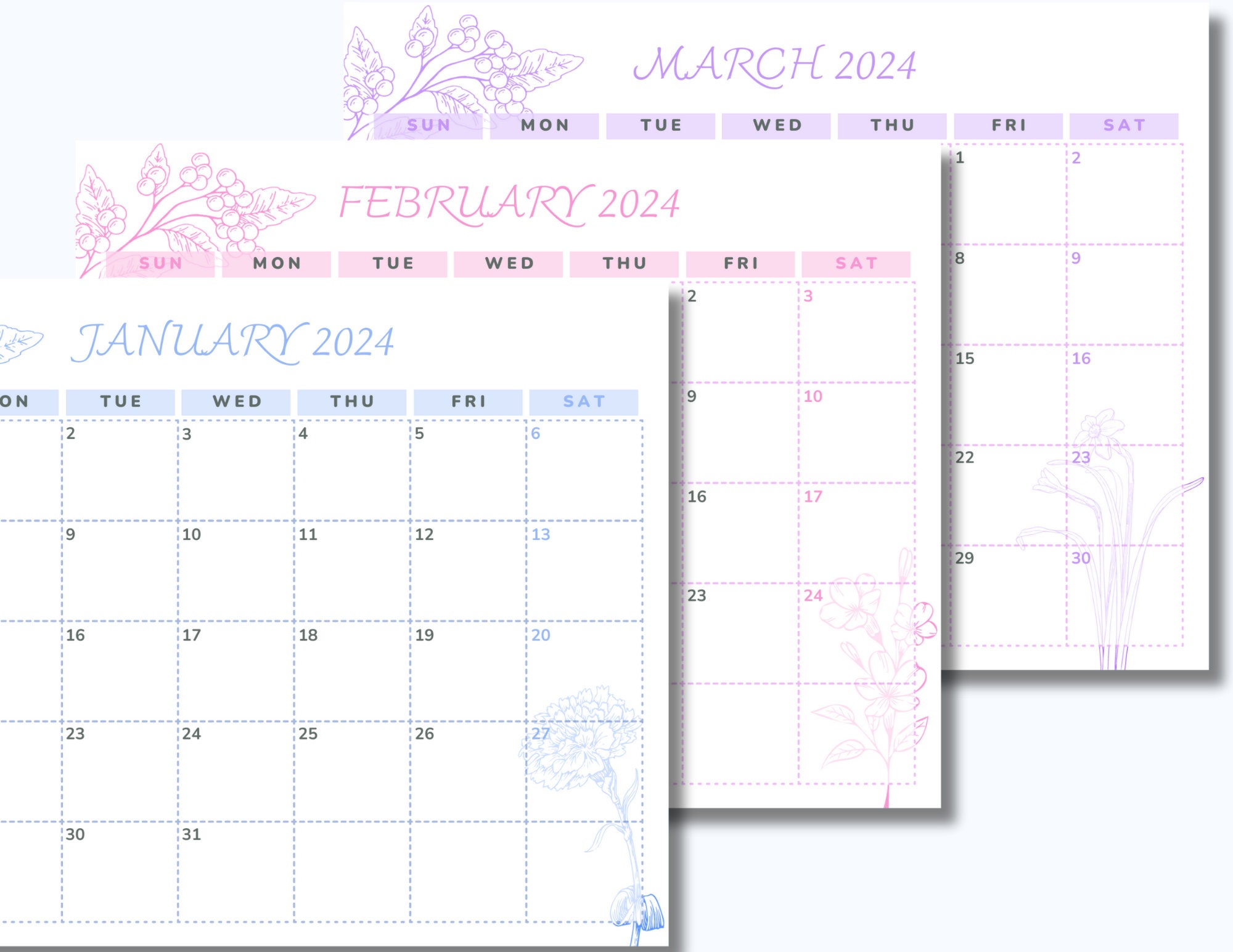2024 Printable Flower Calendar Landscape, Birth Month Flower Calendar ...
