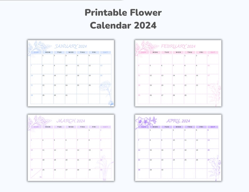 2024 Printable Flower Calendar Landscape, Birth Month Flower Calendar ...