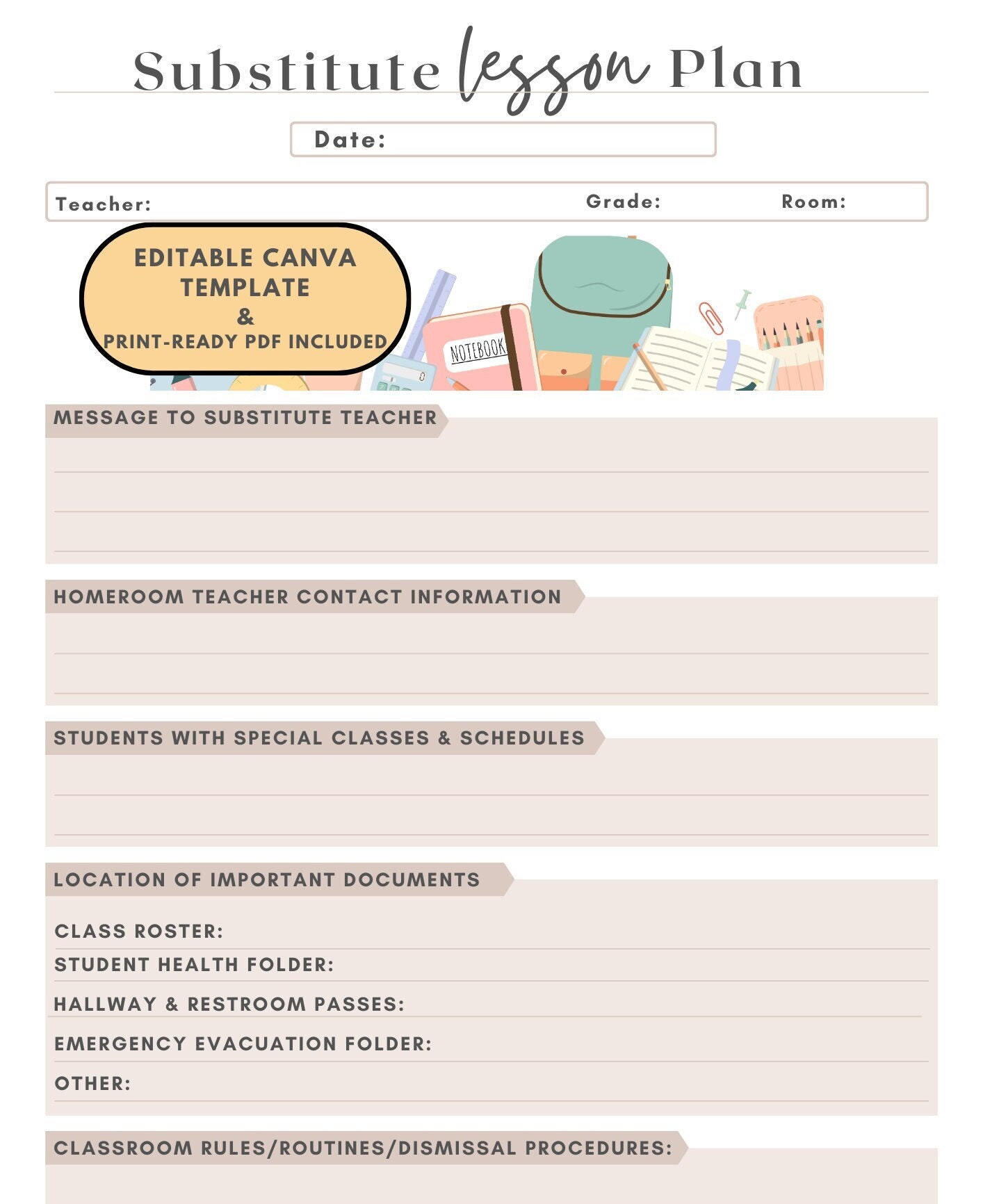 Editable Substitute Lesson Plan Template on Canva - Etsy