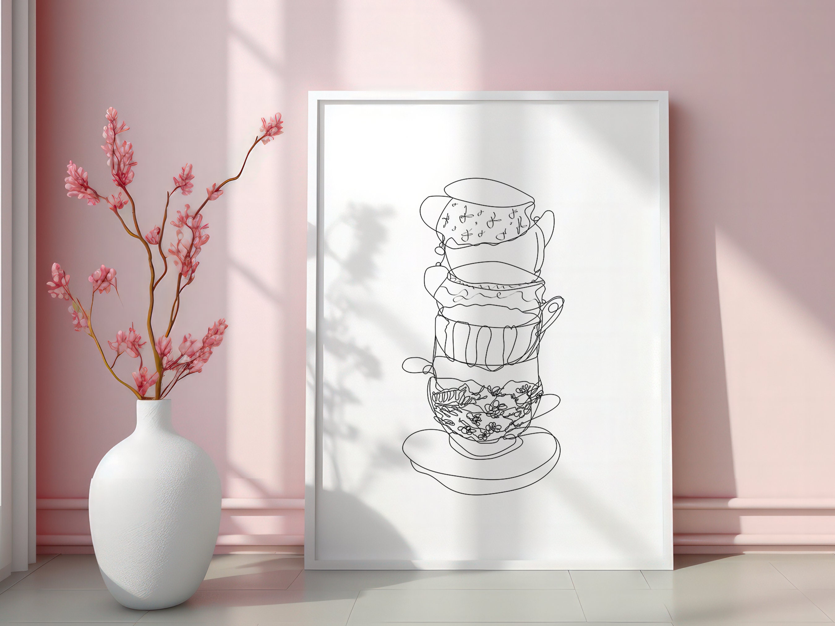 Stacked Tea Cups Digital Download | Minimalist Line Drawing | Whimsical ...