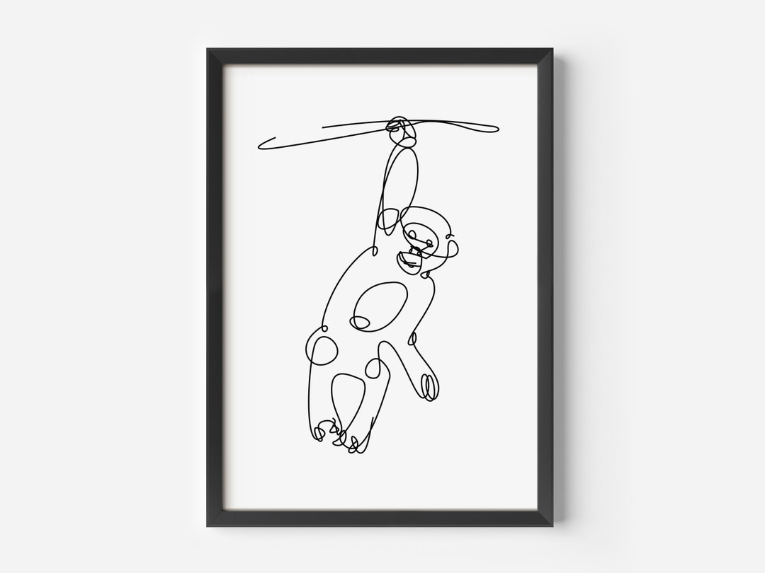 Monkey Line Drawing - Minimalist Black and White - Playful Animal Art ...