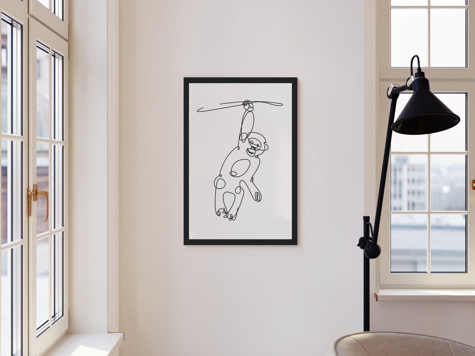Monkey Line Drawing - Minimalist Black and White - Playful Animal Art ...