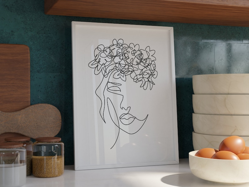 Woman Line Drawing Aesthetic Art Print Minimalist Contour Flowered Hair ...