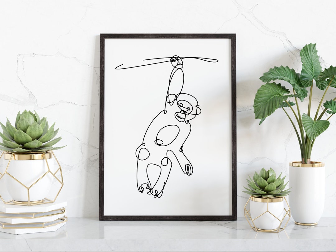 Monkey Line Drawing Minimalist Black and White Playful Animal Art Print ...