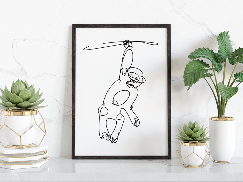 Monkey Line Drawing - Minimalist Black and White - Playful Animal Art ...