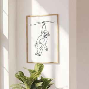 Monkey Line Drawing - Minimalist Black and White - Playful Animal Art ...