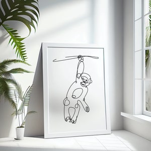 Monkey Line Drawing - Minimalist Black and White - Playful Animal Art ...