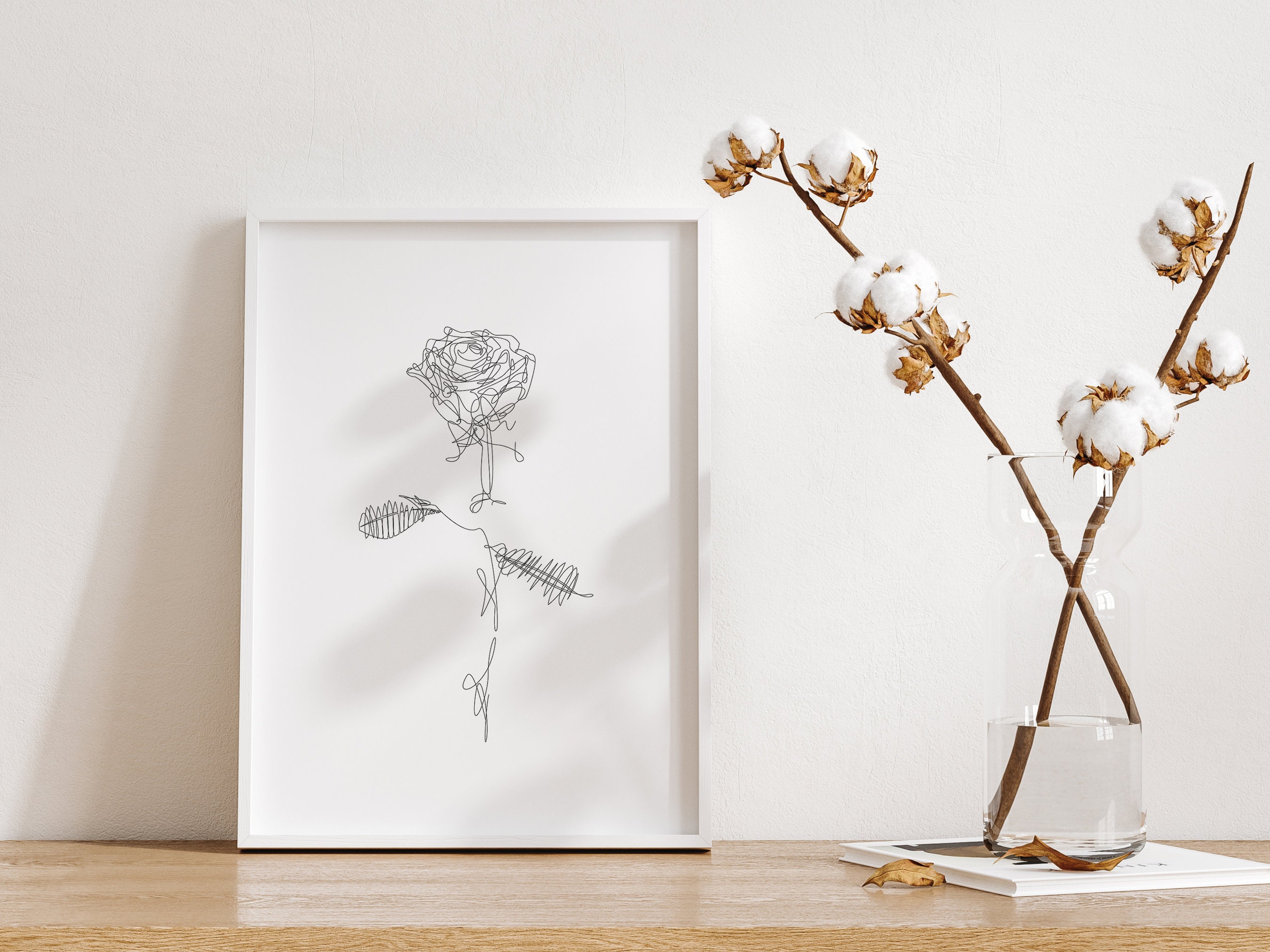 Rose Line Drawing - Minimalist Botanical Print - Detailed Contour ...