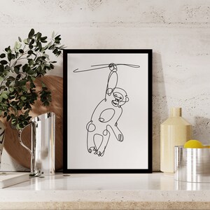 Monkey Line Drawing - Minimalist Black and White - Playful Animal Art ...