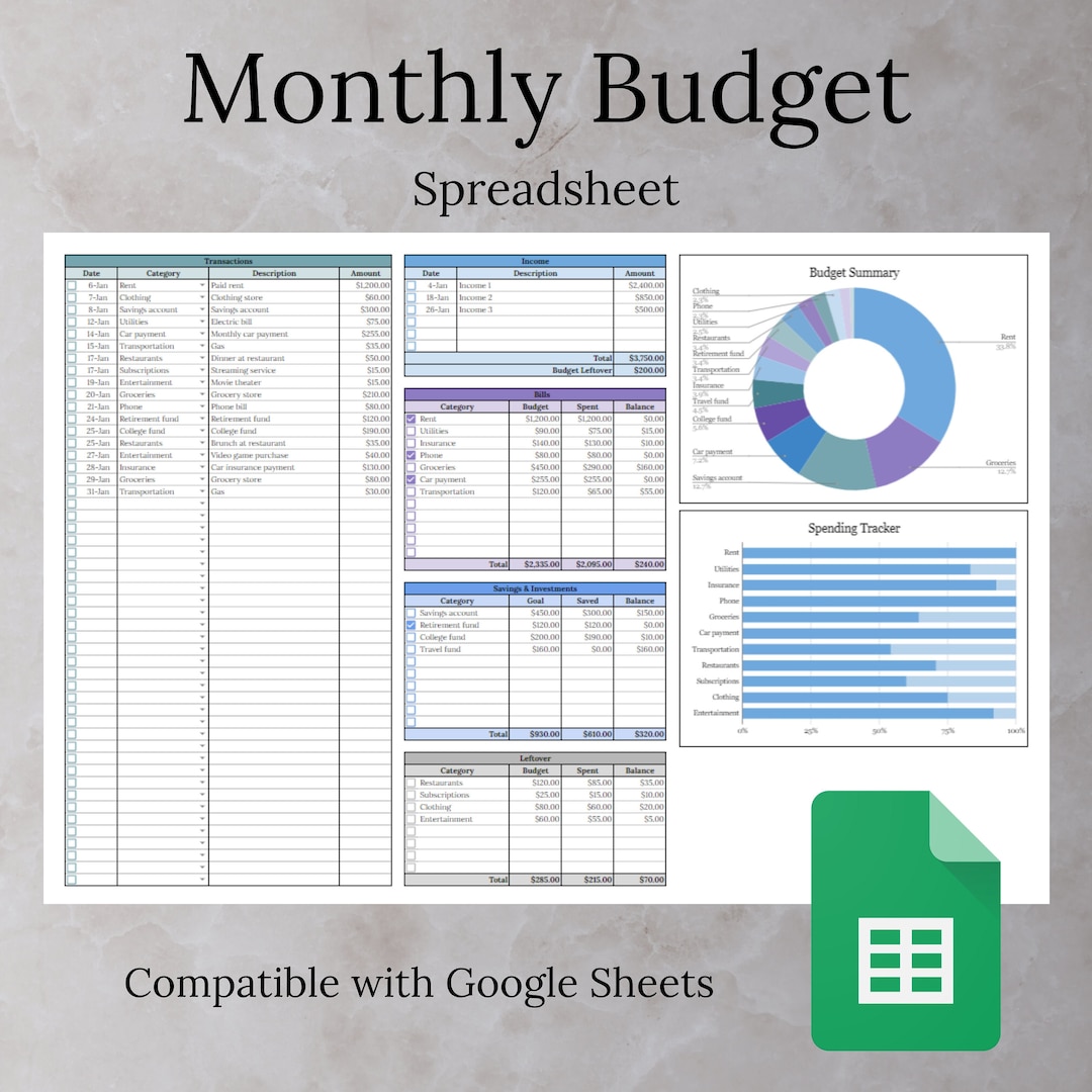 Monthly Budget for Google Sheets, Digital Planner Spreadsheet for ...