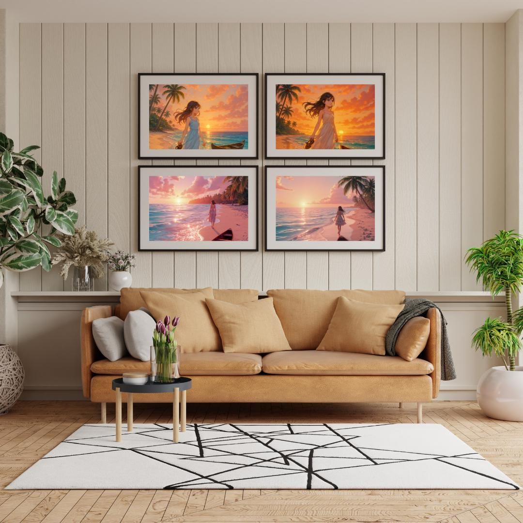 Anime Sunset Girl Art Bundle | Dreamcore Beach Prints Set of 4 ...