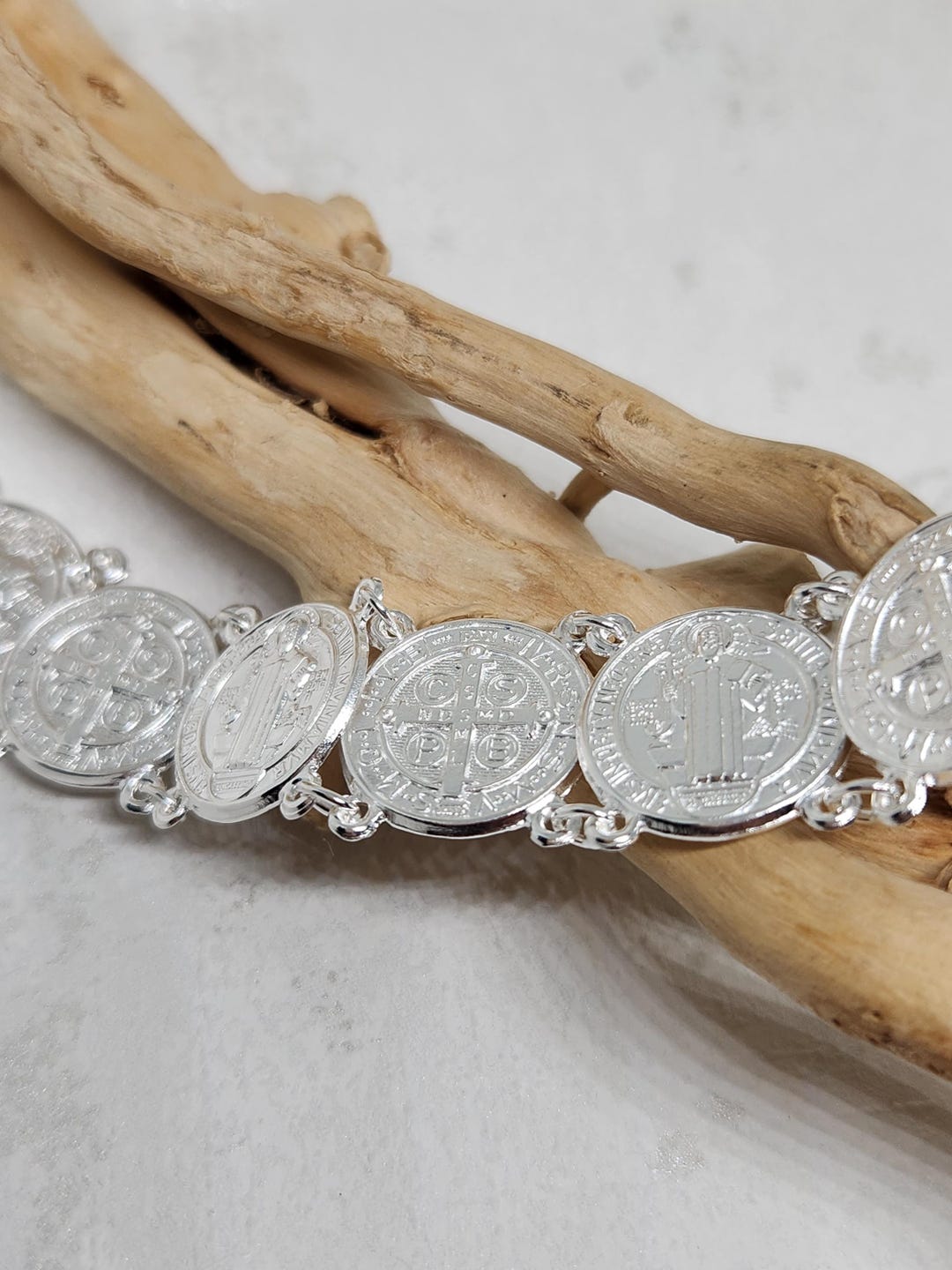 925 GENUINE Sterling Silver Medallion Bracelet, St. Benedict Medal ...