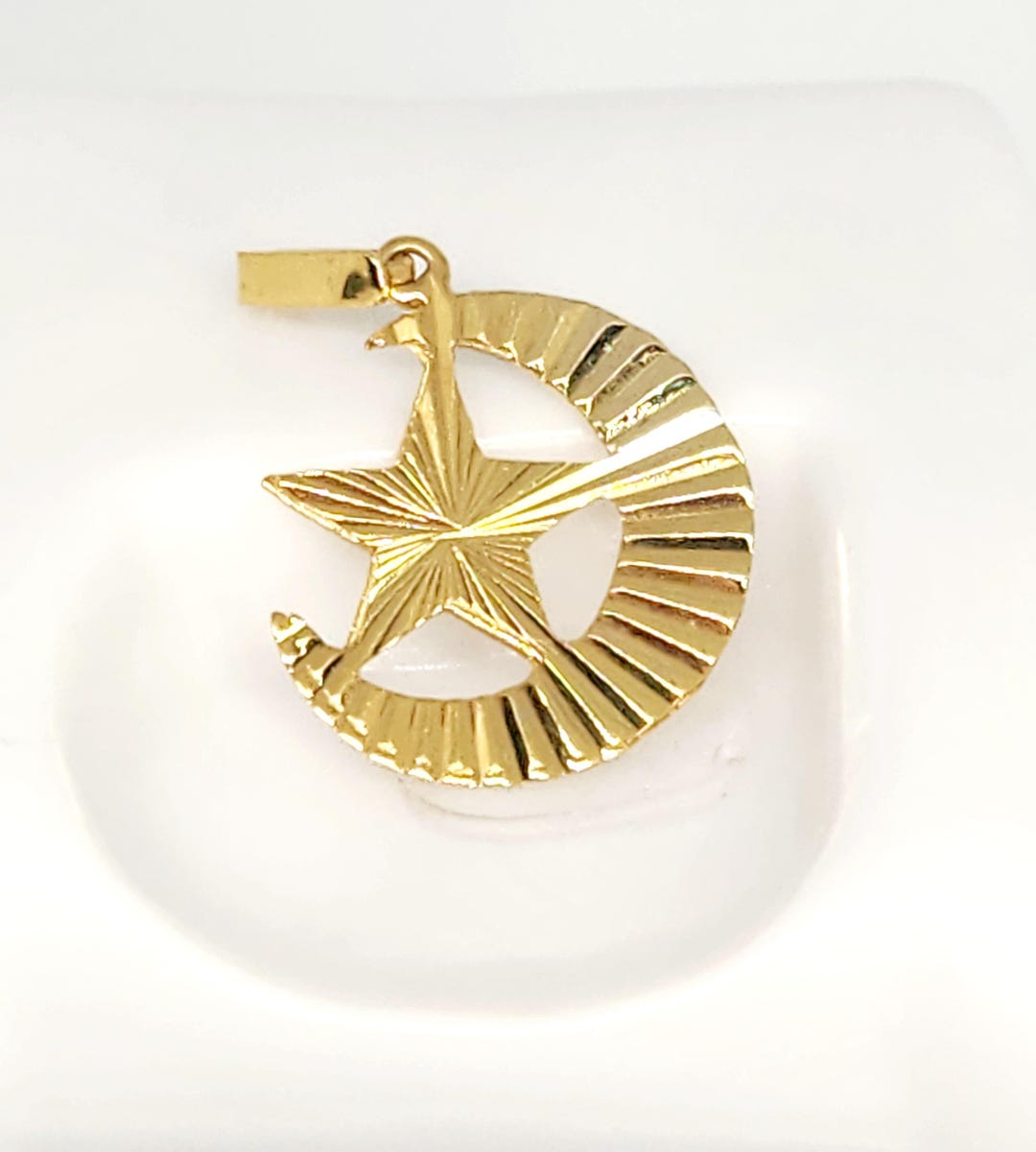 10K Genuine Gold VINTAGE Moon & Star Pendant, Gold See-through Moon ...