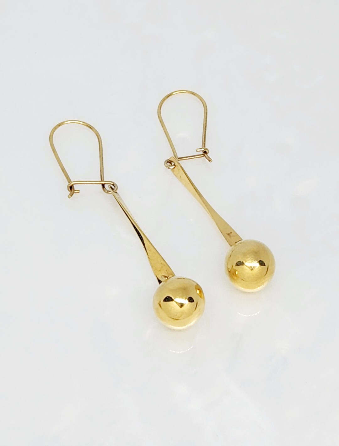 10K Yellow Gold VINTAGE Ball Earrings, Dangling Earrings, Long Hanging ...