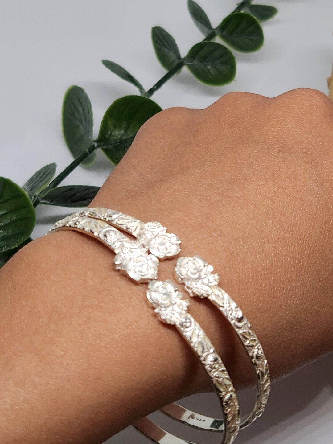 925 GENUINE Sterling Silver Flat Bracelet, Rose Pattern Bracelet, Hand ...